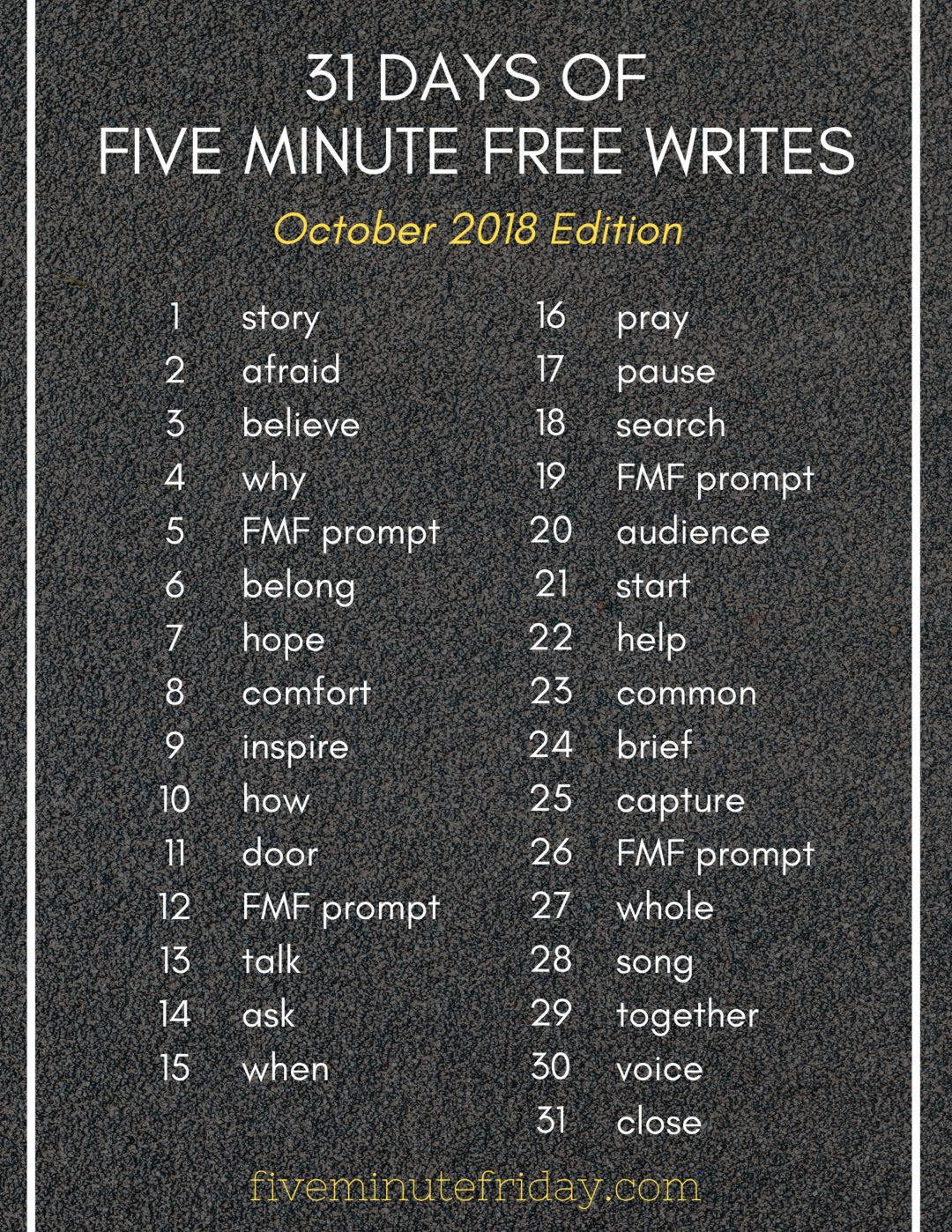 31 Days of Five Minute Free Writing Prompts :: 2018 Edition - Five ...