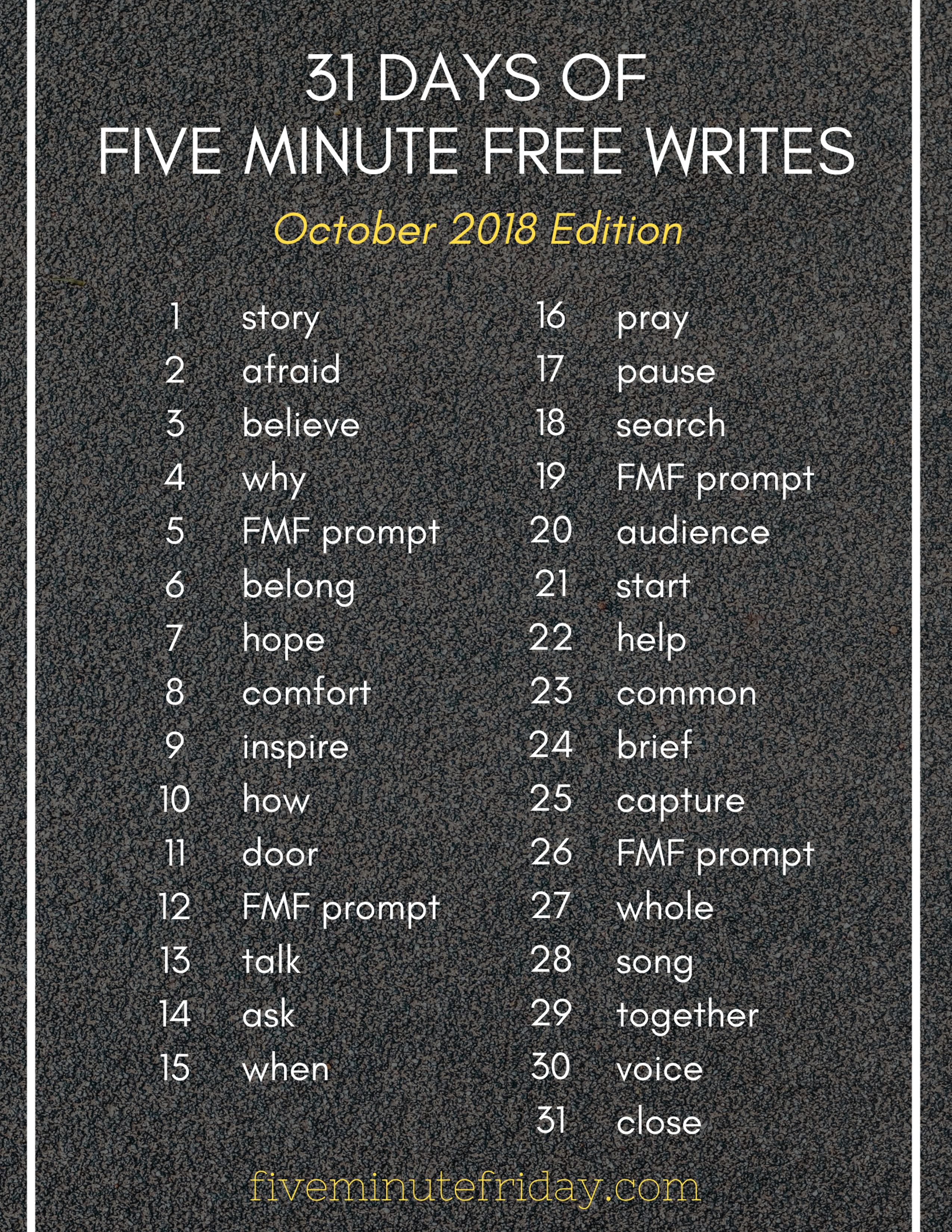 31 Days of Five Minute Free Writing Prompts :: 2018 Edition - Five ...